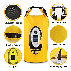 ztarx Waterproof Dry Bag Speaker, Dry Bag Backpack with Bluetooth Speaker Solar Powered and USB Powered 20L Roll Top Dry Sack Keeps Gear Dry for Kayaking, Rafting, Boating,Camping (Yellow-2.1)