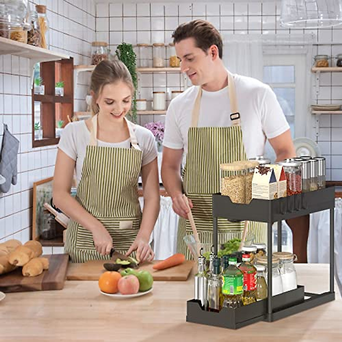 Innotic Under Sink Organizer, Double Sliding Under Cabinet Organizer 2 Tier Pull Out Drawers Multi-purpose Under Sink Organizers and Storage with 4 Hooks, Hanging Cup for Kitchen Bathroom 1 pack