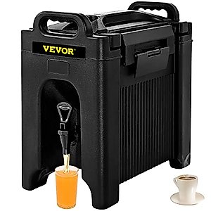 VEVOR Insulated Beverage Dispenser, 2.5 Gal, Double-Walled Beverage Server w/PU Insulation Layer, Hot and Cold Drink Dispenser w/ 2-Stage Faucet Handles Nylon Latches Vent Cap, NSF Approved, Black