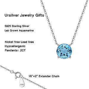 Ursilver Aquamarine Necklaces for Women, S925 Sterling Silver Birthstone Necklaces 2CT Lab Grown Aquamarine Birthstone Necklaces March Birthday Gifts March Birthstone Jewelry Gifts for Women