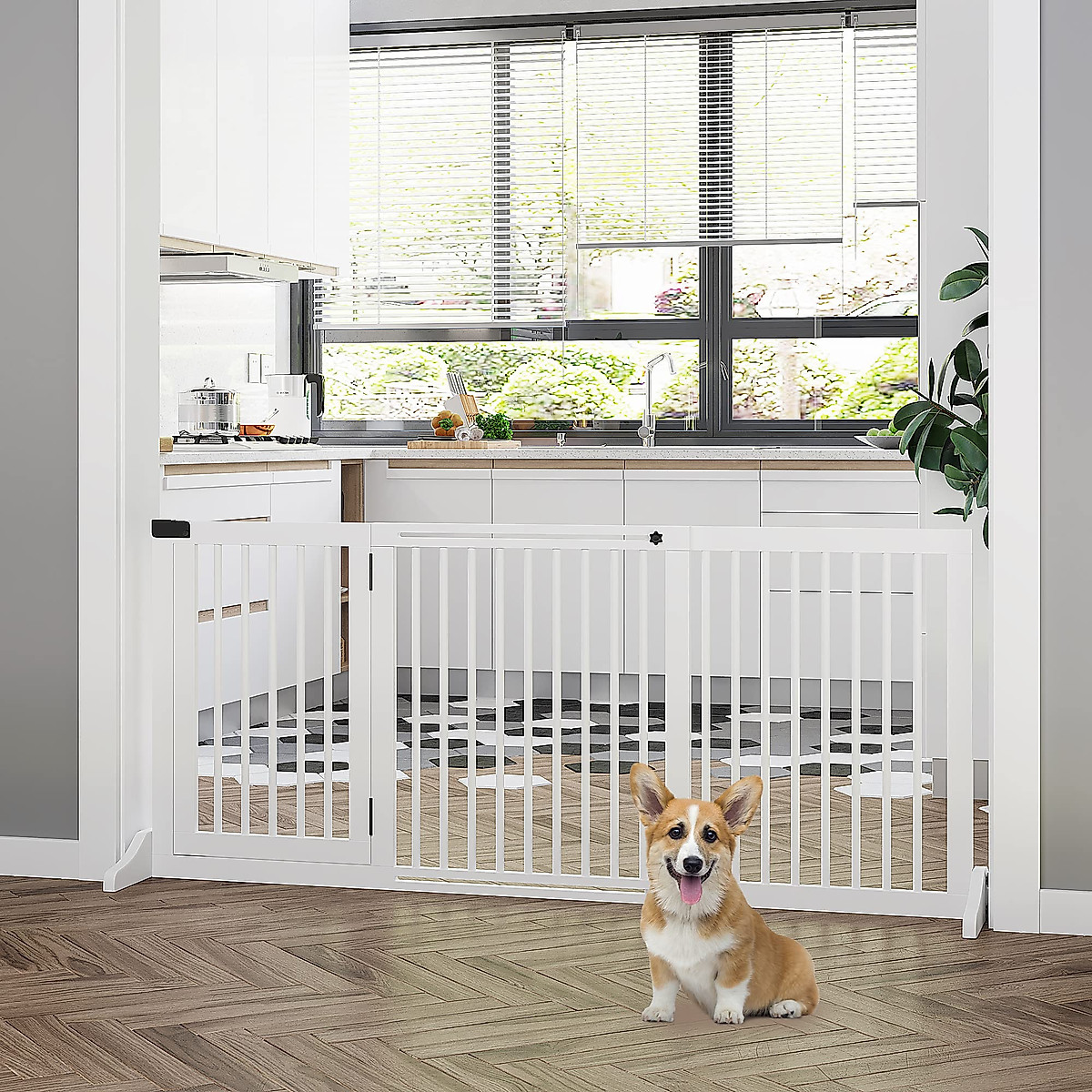 PawHut Adjustable Wooden Pet Gate, Freestanding Dog Fence for Doorway, Hall, 3 Panels w/Safety Barrier, Lockable Door, White, 44.5"-65.25" L x 14.25" H