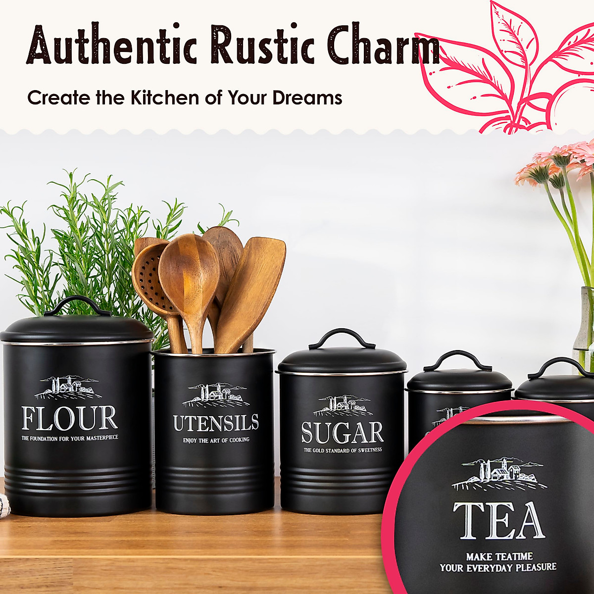 noonberry Black Canisters for Kitchen Counter, Set of 3 - Airtight Sugar and Flour Containers & Kitchen Utensil Holder, Rustic Farmhouse Canister Set for Kitchen Countertop