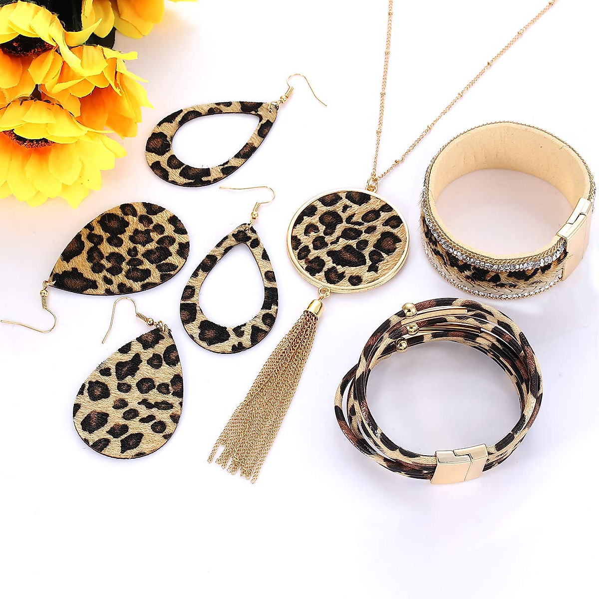 ZOLEAROPY Statement Leopard Jewelry Set For Women Multi Leopard Leather Wrap Bracelet Teardrop Leather Earrings Long Tassel Round Pendant Necklace Set