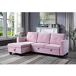 FANYE L-Shaped Reversible Corner Convertible Sectional Sofa with Pull Out Sleeper Couch Bed and Storage Chaise for Home Apartment Office Living Room, Pink Velvet Sofa&Couch, 82.5"