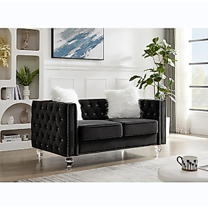 Tomkate 59.8 Inch Small Chesterfield Sofa, Modern Velvet Upholstered Loveseat Sofa Couch with Two Pillows and Crystal Feet, Crystal Buckle Upholstery Tufted 2 Seater Sofa for Living Room, Black