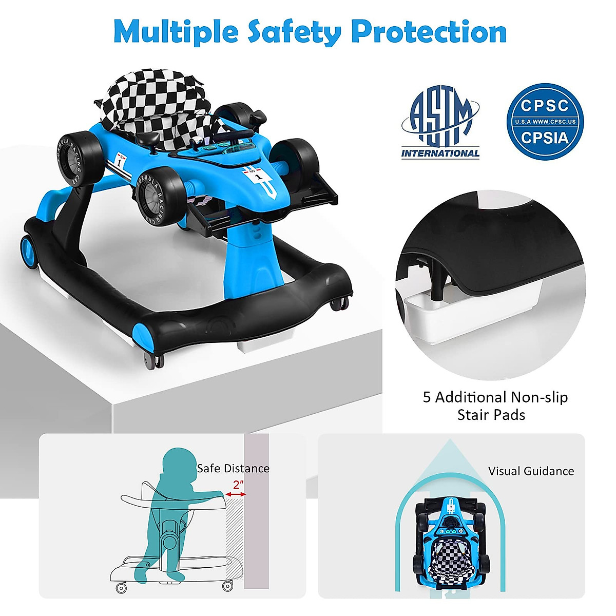 HONEY JOY 4-in-1 Baby Walker, Activity Push Walker w/3 Adjustable Heights, Smooth Wheels w/Adjustable Speed, Padded Seat, Music & Light, Foldable Car Walker for Baby Boys Girls Age 6 Months+ (Blue)