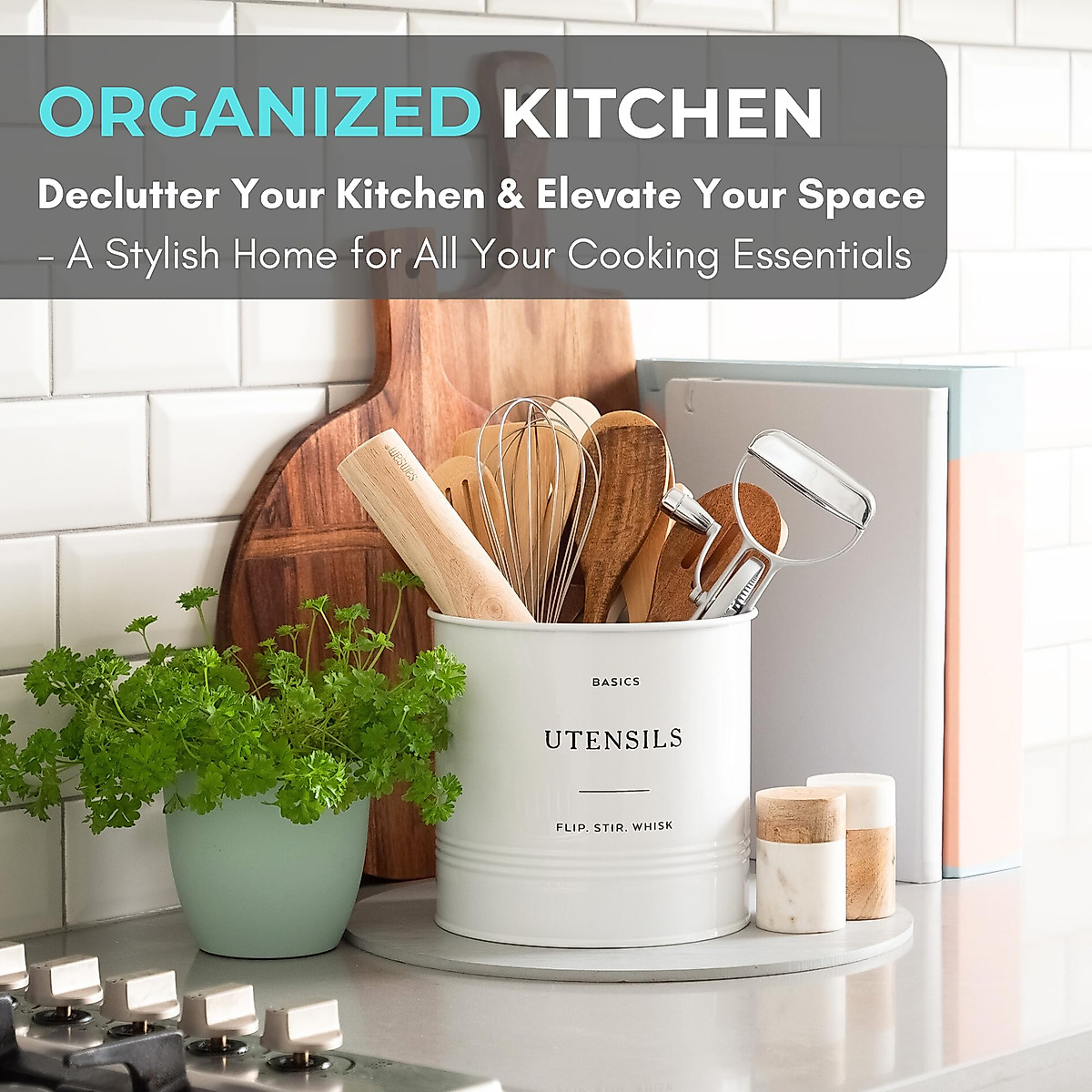 D'Lifeful Farmhouse Kitchen Utensil Holder (Jumbo Size - 7" x 7”) - Large Utensil Caddy for Countertop, Utensil Holder for Kitchen Counter Decor, Utensil Organizer (White)