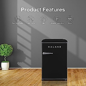 Galanz GLR25MBKR10 Retro Compact Refrigerator, Mini Fridge with Single Doors, Adjustable Mechanical Thermostat with Chiller, Black, 2.5 cu ft