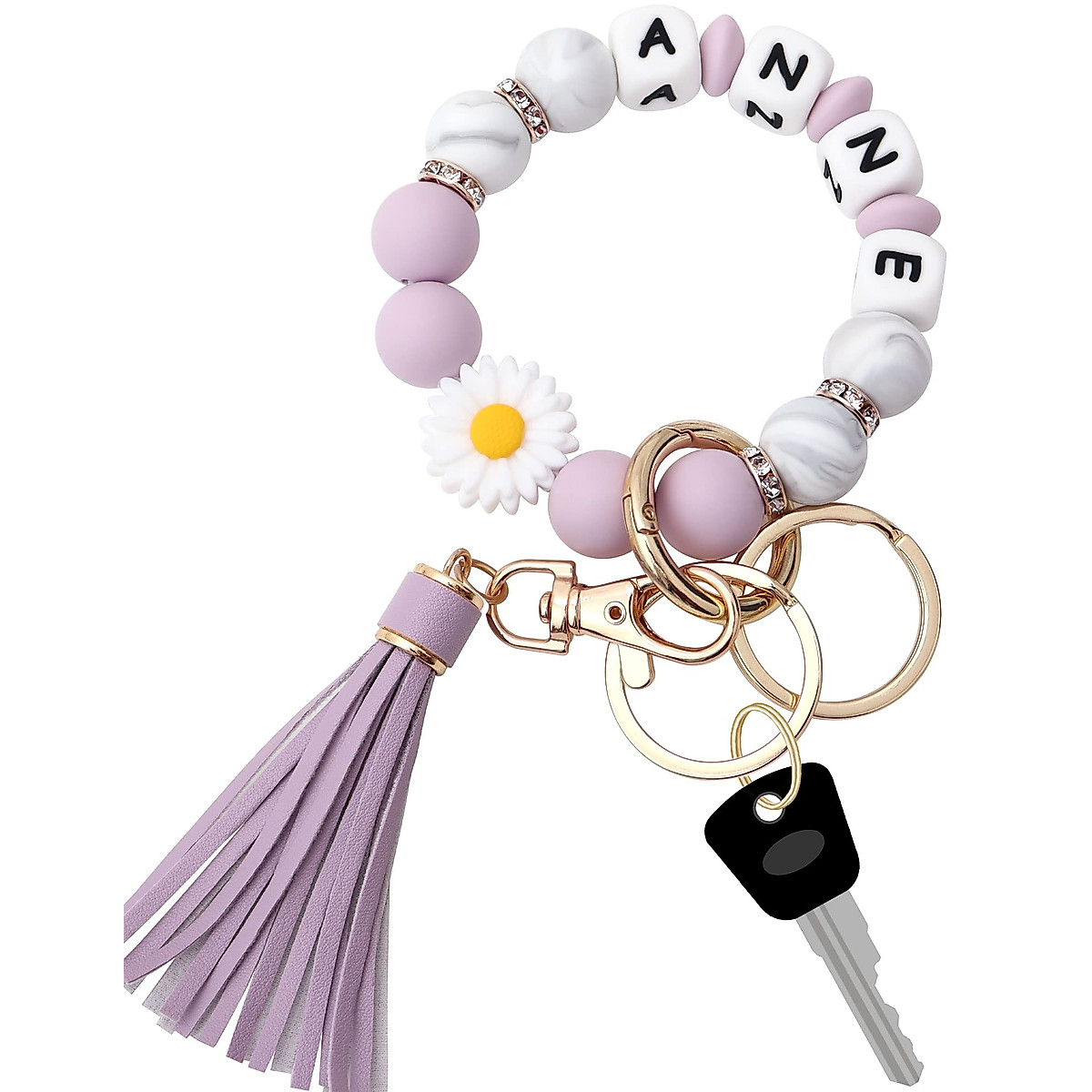 Munchewy Personalized Silicone Bead Keychain Bracelet Wristlet, House Car Keys Ring Holder Tassel Daisy Flower(Lilac/Marble)
