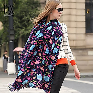 DANA XU 100% Merino Wool Extra Large Pashmina Blanket Travel Scarf Cashmere Wrap for Women Fall Winter Oversize Shawl Floral