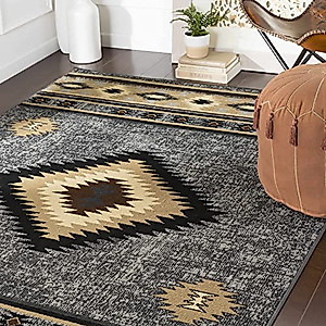 Tuckhome Southwestern Tribal Living Room Bedroom Dining Room Aztec Area Rug - Native American Indian Indie Carpet - Brown, Gray, Black, Beige, Tan - 6'7" x 9'6"