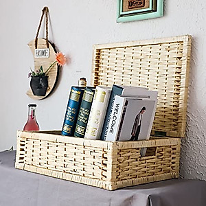 KINGWILLOW Wicker Basket with Lid, Rectangular Wooden Framed Woven Storage Bin with Inside Handles