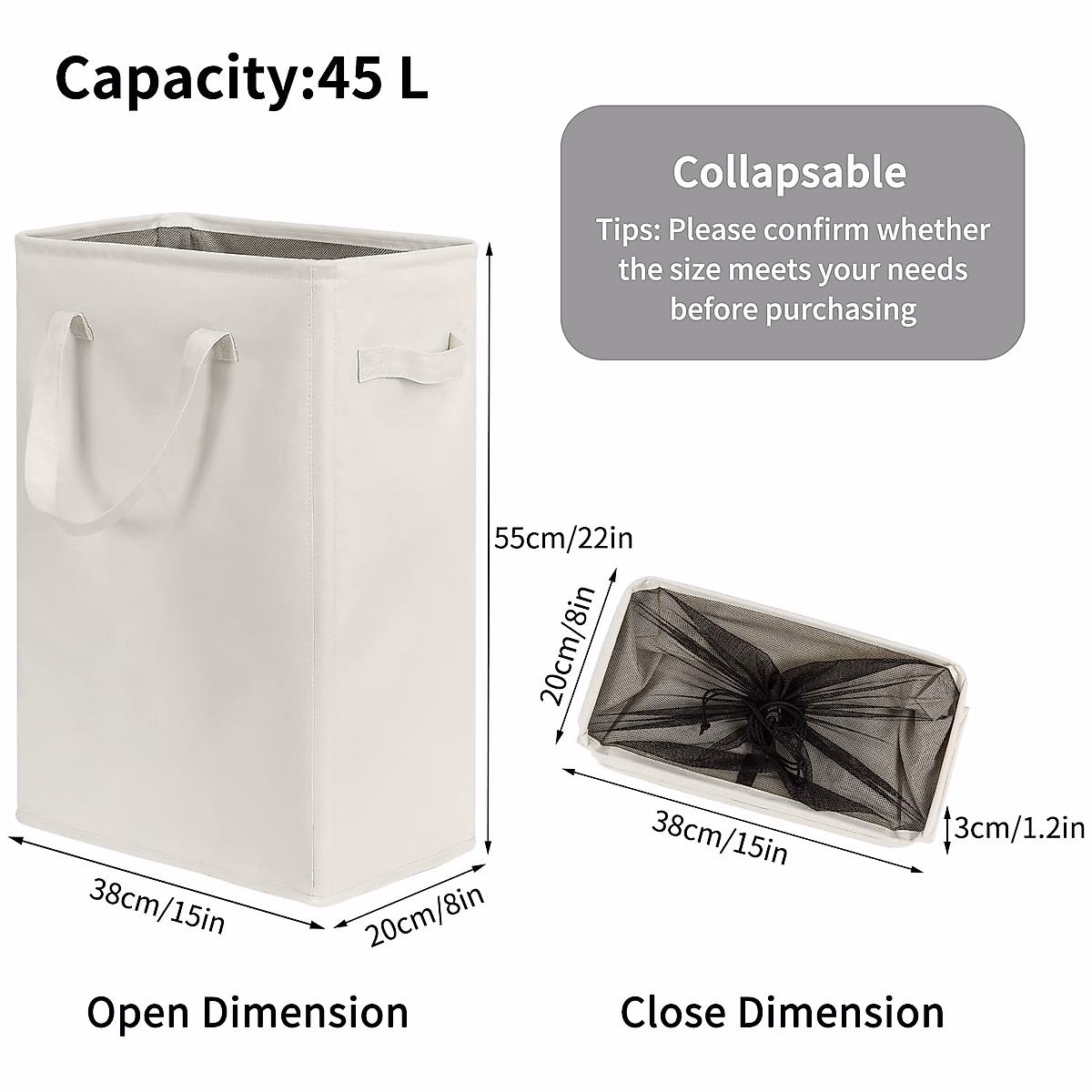 Chrislley 45L Slim Laundry Hamper Narrow Laundry Basket with Handle Foldable Dirty Clothes Portable Skinny Hamper Organizer Storage Bins (22 inches, beige)
