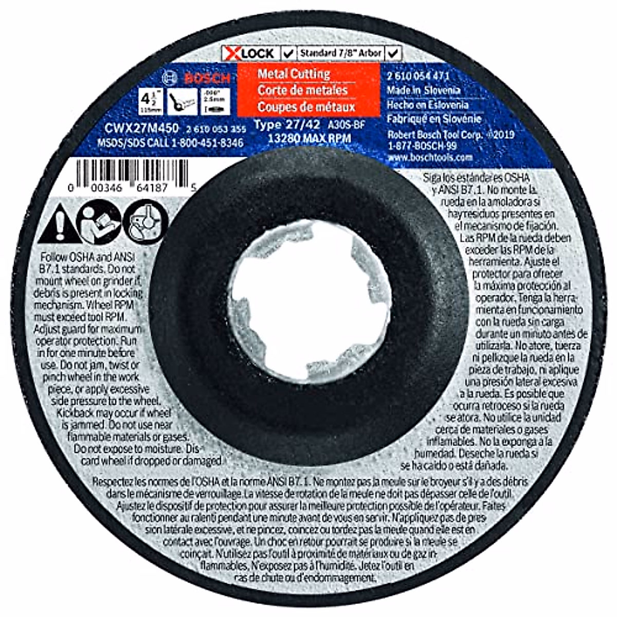 Bosch GWX10-45E 4-1/2 In. X-LOCK Ergonomic Angle Grinder with Bosch CWX27M450 4-1/2 In. x .098 In. X-LOCK Arbor Type 27A (ISO 42) 30 Grit Metal Cutting and Grinding Abrasive Wheel