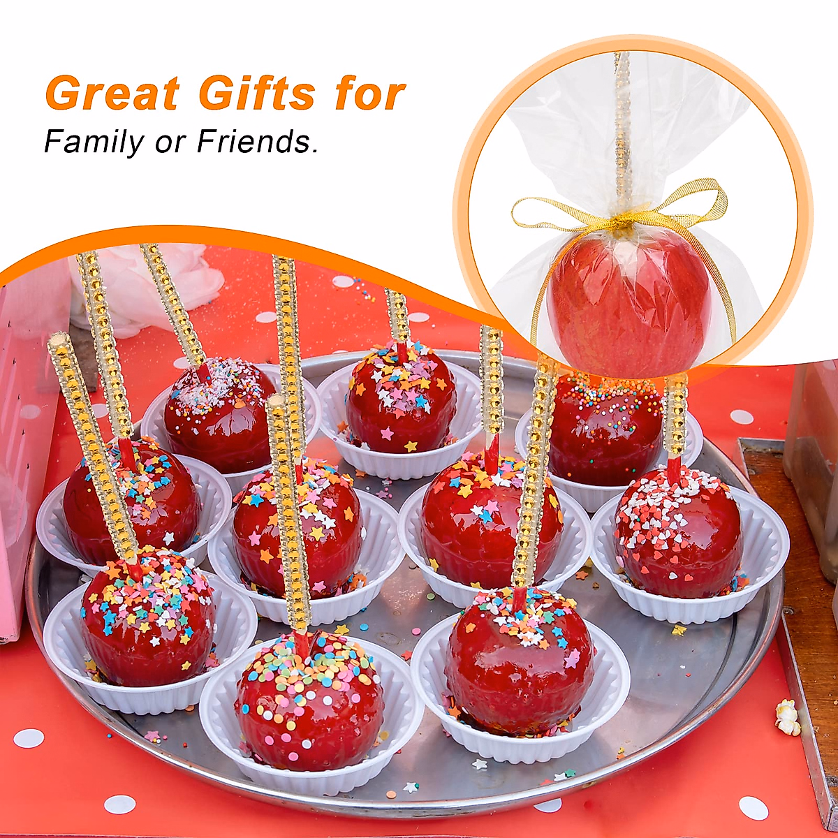 Anglecai 24Pcs Candy Apple Bamboo Stick Kit, 24P Bling Stick for Apple Rhinestone Wooden Skewers, with 24P Bags, 1P 25 Yard Glitter Ribbon, Bling Stick for Caramel Apple Lollipop Crispy Treat