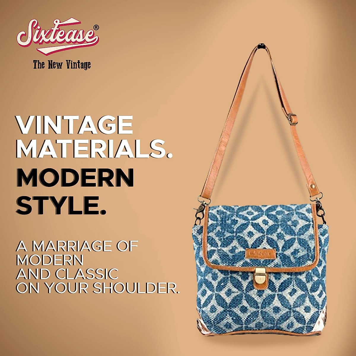 SIXTEASE Womens Shoulder Bag Vintage Style Shoulder Bags for Women - Made with Genuine Leather, Upcycled Canvas, or Hair On - Handmade, Adjustable Strap, Brass and Zinc Hardware - Legacie