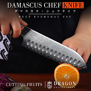 Dragon Creek Damascus Santoku Knife Sharp Japanese Chef Knife Professional Kitchen Gyuto Cleaver for Meat Vegetable Cutting Birthday Gift for Mom or Dad 7" Stainless Steel