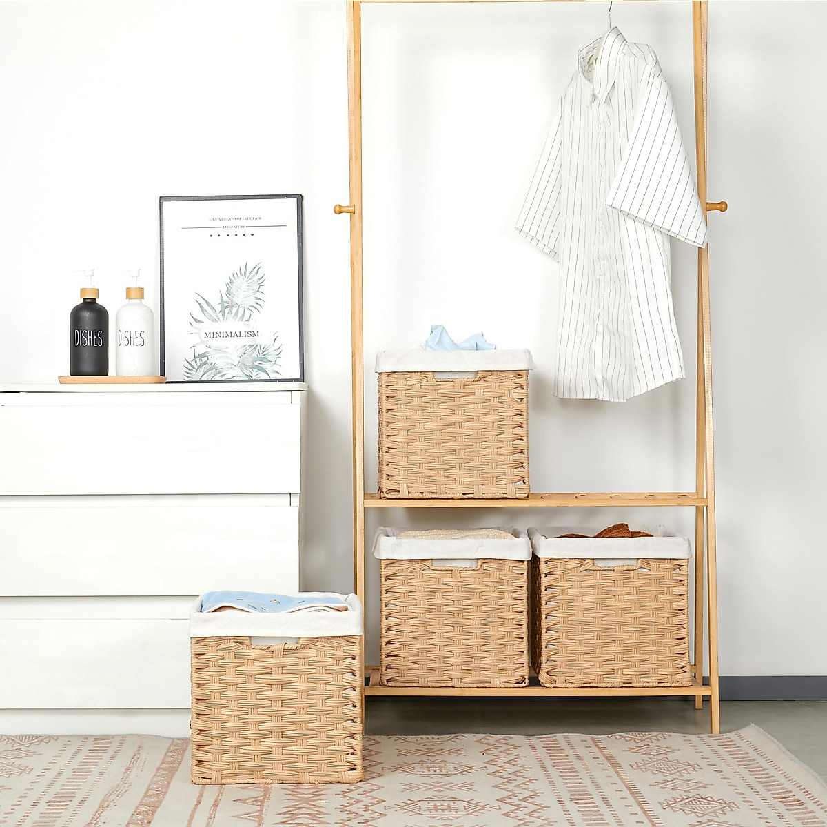 Bidtakay Wicker Storage Baskets with Liners 11x11 Storage Cube Bins with Handles Imitation Water Hyacinth 4-Pack Waterproof Woven Storage Baskets for Organizing Rattan Baskets Organizer-Natural