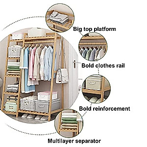 ZJDU Bamboo Garment Coat Clothes Hanging Rack,with Top Shelf and Shoe Clothing Storage Organizer Shelves, for Home Office Hallway Bedroom,110×42×140cm