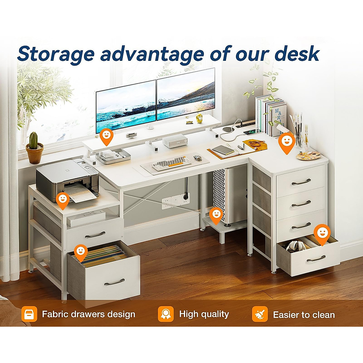 KKL L Shaped Computer Desk with File Drawers & 3 Power Outlets & 2 USB Ports, 72 Inch Home Office Desk with Printer Cabinet & Monitor Shelf & Host Storage Shelves, White Writing Desk
