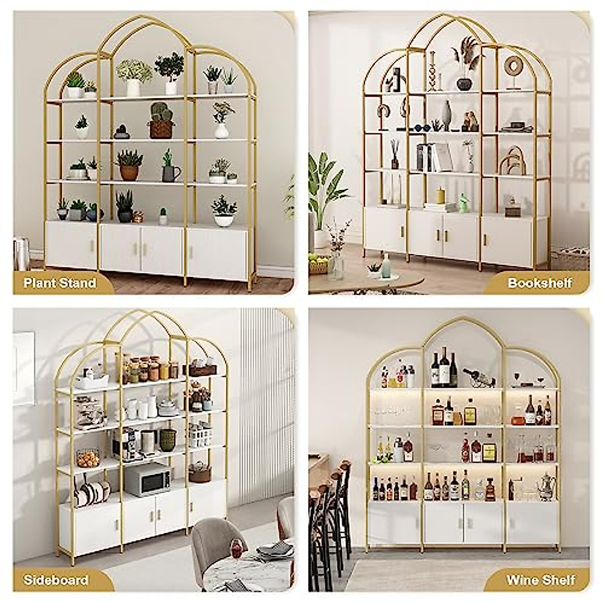 Semoic Triple Wide 5-Tier Gold Bookshelf, 70.87" L x 86.61" H Extra Bookcase with Storage Cabinet, Modern Etagere Bookcase Tall Open Display Shelf for Home Office, Gold&White