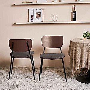 ESSIZOLE Dining Chair, Modern Linen Kitchen Dining Room Chairs Set of 2, Side Chair with Wood Back, Upholstered Armless Chairs with Metal Legs for Dining Room, Bedroom（Matte D-Brown+Grey）