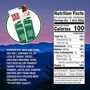 Snack Sticks by Vermont Smoke & Cure – Original Flavor – Beef & Pork – Healthy Meat Protein – 1oz Jerky Stick – 24 count carton