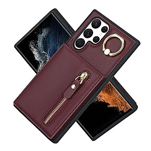 Jaorty for Samsung Galaxy S22 Ultra 5G Phone Case for Women with Card Holder,Galaxy S22 Ultra Case Wallet Crossbody Lanyard with Strap,Credit Card Slots Kickstand Case with Ring Holder,6.8",Burgundy