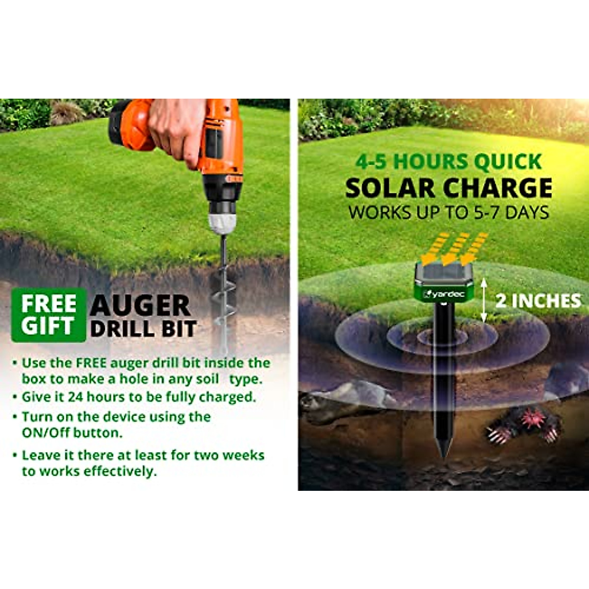 YARDEC Gopher Repellent Ultrasonic Solar Powered - Easy to Use Solar Mole Repellent Ultrasonic with an Auger Drill Bit - IP65 Waterproof Sonic Repeller Stakes for Groundhog, Vole, Snake, etc (4-Pack)
