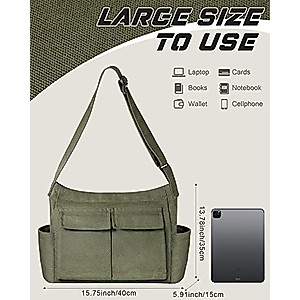 Sweetude Canvas Messenger Bag Crossbody Tote Bag with Multiple Pockets Laptop Large Shoulder Bags Aesthetic Casual Vintage Versatile School Cross Body Bag for Women Men, Green