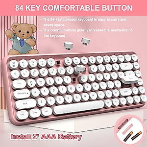 FELICON Wireless Bluetooth Keyboard, Mini Portable 84-Key Typewriter Retro Round Keycaps Keyboard,Compatible with Android, Windows, PC, Tablet-Dark, Perfer for Home and Office Keyboards(Pink)