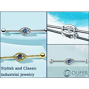 OUFER Eyes Industrial Barbells, 316L Surgical Steel Industrial Earrings, Clear CZ Paved 14G Gold Industrial Piercing Jewelry, Cartilage Earrings