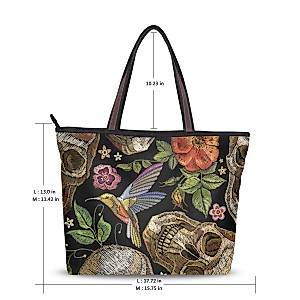 Women Tote Top Handle Shoulder Bags Gothic Skull Red Roses Flamingo Large Zip Ladies Handbag