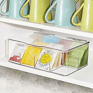 mDesign Plastic Tea Bag Divided Storage Organizer Container Box with Hinge Lid for Kitchen Cabinet, Countertop, Pantry, Hold Coffee Pods, Seasoning Packets, Condiments, 8 Sections, 2 Pack, Clear