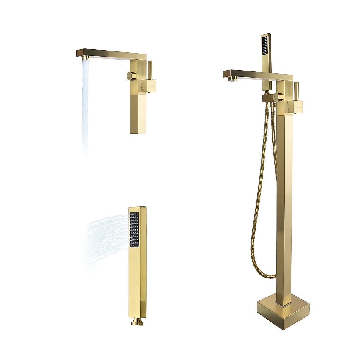 Freestanding Bathtub Faucet Brushed Gold Floor Mount Tub Faucet with Handheld Shower Free Standing Tub Filler with Hand Sprayer Bathroom Single Handle Brass Floor Faucet High Flow Mixer Tap JIAENLEMA