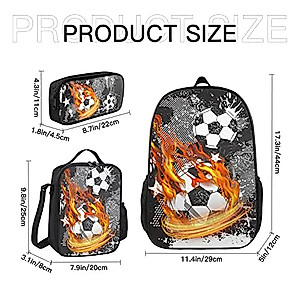 KXZOYLM Fire Soccer Backpack Cool Football School Backpacks 3 Pieces Set Camo Soccer School Bookbag with Lunch Bag And Pencil Case Casual Soccer Shoulder Bag for Boys Girls Teens