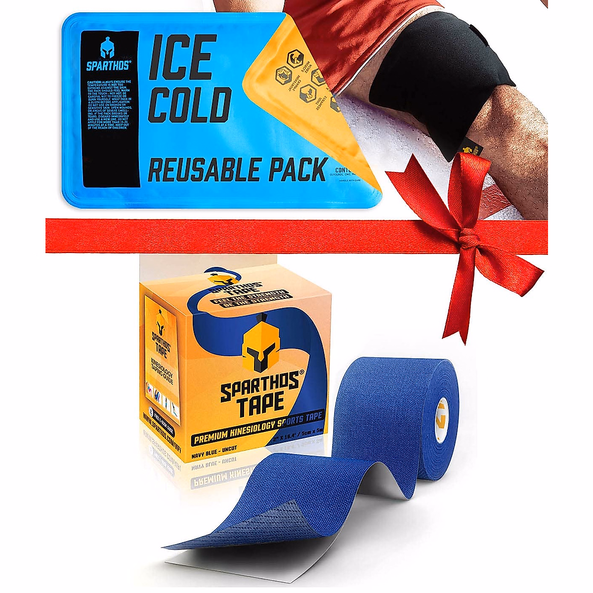 Sparthos Kinesiology Tape [Navy Blue - 16.4ft Uncut Roll] x Ice Packs for Injuries [Size Medium + Cover]