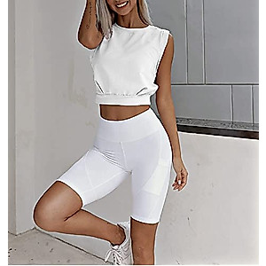 ARRIVE GUIDE White Crop Tops for Women Cute Loose Fit Workout Tank Tops Casual Summer Yoga Athletic Sports Tanks Cinched Waist Cropped Tops Cap Sleeve Gym Cotton T Shirts for Women S