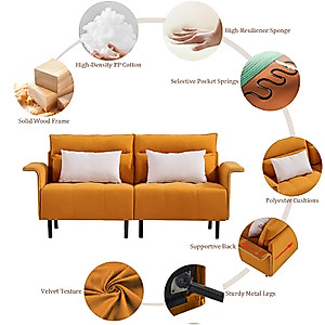 72” Velvet Loveseat Sofa, Mid Century Modern Decor Love Seat Couches for Living Room, Solid and Easy to Install Small Couch for Bedroom with Two Pillows (Orange)