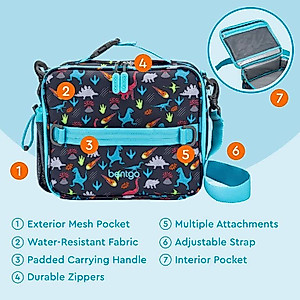 Bentgo® Kids Lunch Bag - Durable, Double Insulated, Water-Resistant Fabric, Interior & Exterior Zippered Pockets, Water Bottle Holder - Ideal for Children 3+ (Dinosaur)