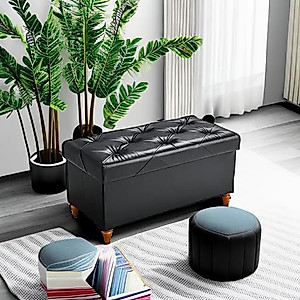 Nicehill 30 inches Folding Storage Ottoman Bench with Wooden Legs, Ottoman with Storage for Living Room & Bedroom,Faux Leather, Load 350lbs, Black