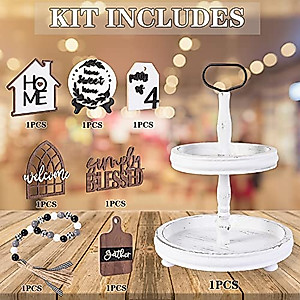 Farmhouse Two Tiered Tray Decor Set - with 7 Pcs Wooden Tier Tray Decor Signs for Home Kitchen Dinning Table Shelf Coffee Station Entryway Decorations