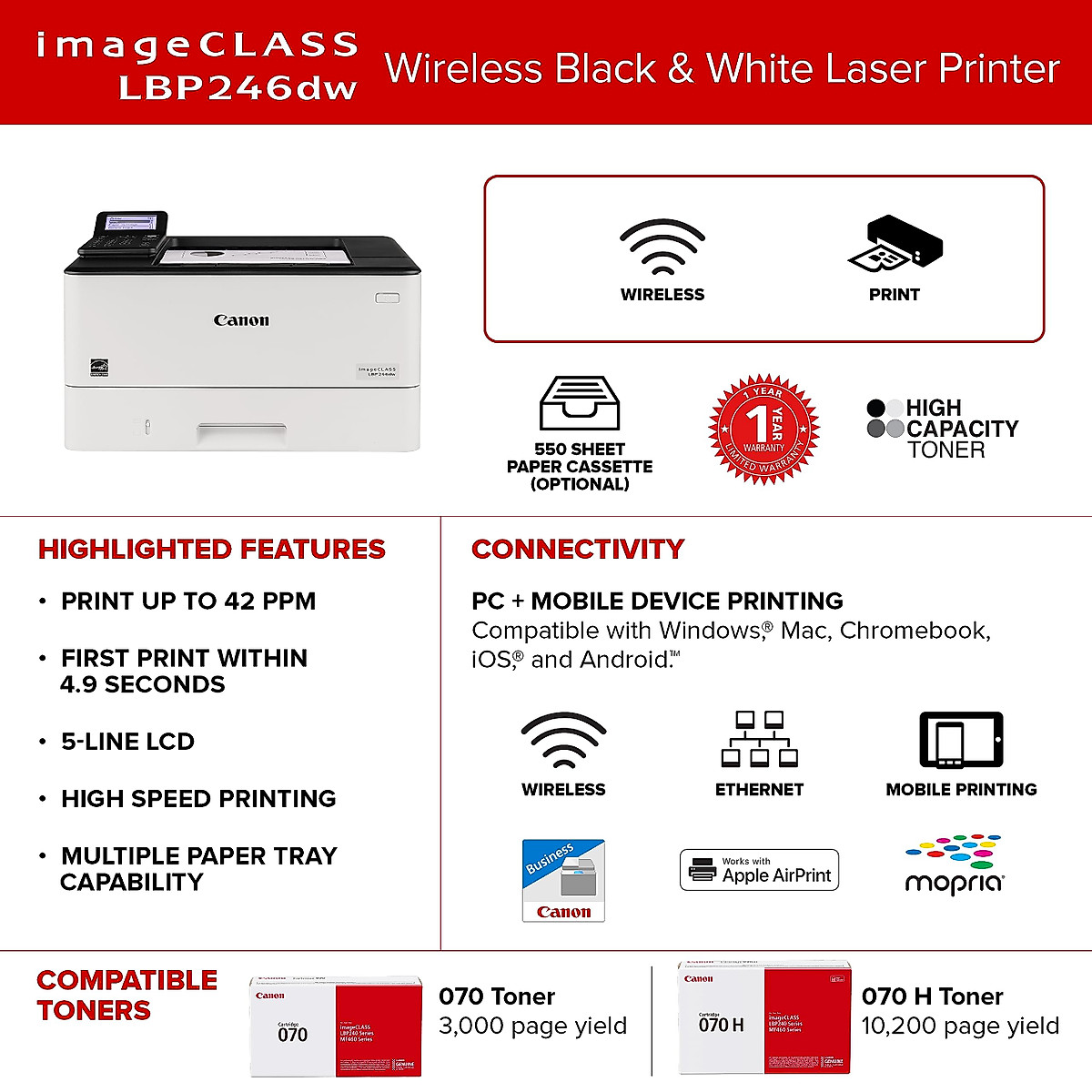 Canon imageCLASS LBP246dw - Monochrome Duplex, Wireless Laser Printer, Single Function, Mobile Ready, with 1 Year Limited Warranty, 42 PPM, White