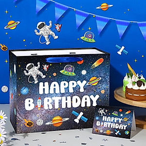 Outer Space Birthday Gift Bag for Kids, Blue Gift Bag with Card Tissue Paper Rocket Planet Gift Bag Birthday Wrapping Paper Bags Outer Space Party Gift Bag Decorations for Boys Girls Birthday Party