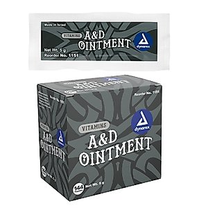 Dynarex Vitamins A&D Ointment Without Lanolin - Vitamin A and D Ointment Protectant for Minor Cuts, Burns, Diaper Rash & Dry Skin - 1 Box - 144 Packets/Box - 5g Packets