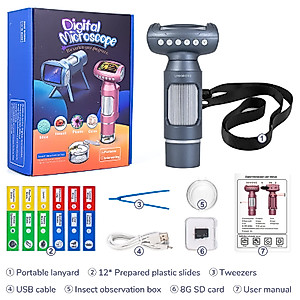 LINKMICRO LM012 Pocket Microscope for Kids, 2'' LCD 300X Portable Microscope for Kids 8-12 with Screen, Photo and Video, Prepared Slides, 8GB SD Card