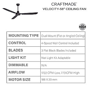 Craftmade VE58FB3 Velocity Aerodynamic Modern Industrial Heavy-duty 58" Ceiling Fan with Wall Control, 3 Blades, Flat Black