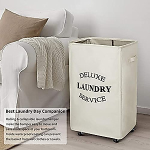 WOWLIVE Large Rolling Laundry Basket Wheels 90L Collapsible Tall Laundry Hamper Handle Foldable Dirty Clothing Basket Fold up Rectangular Hampers for Laundry Dorm Room (Beige)