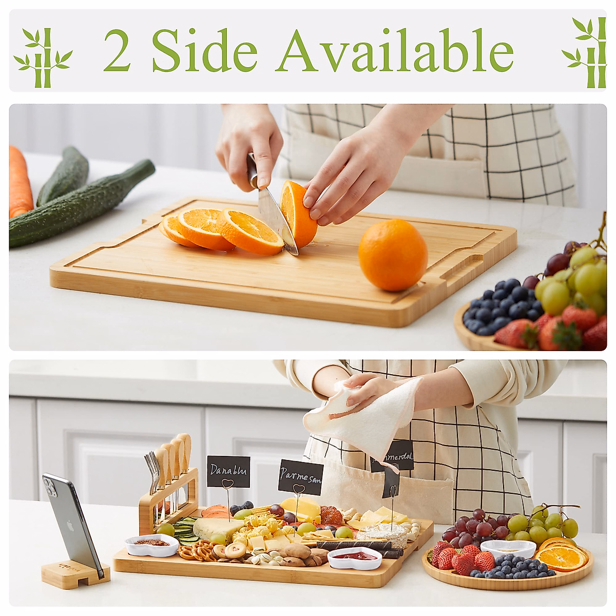 Weoowin Bamboo Charcuterie Boards - Cheese Board and Knife Set, Unique Housewarming, Thanksgiving, Wedding, Birthday, Love Gifts for Couple, Christmas, Bridal Shower Gift (White)