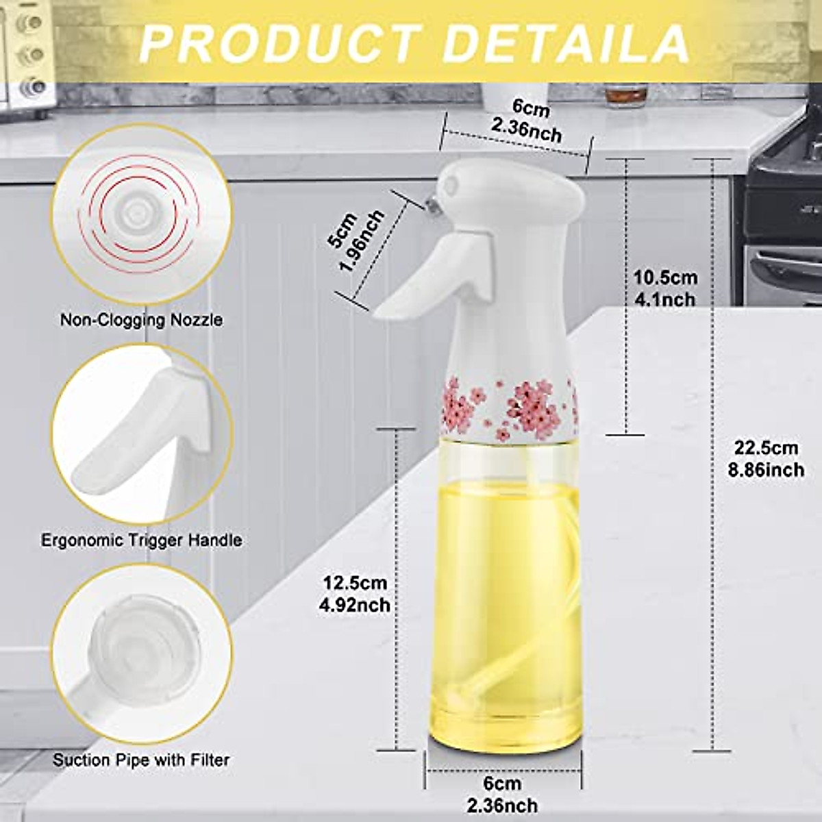 Olive Oil Sprayer for Cooking - 200ml Glass Oil Dispenser Bottle Spray Mister - Refillable Food Grade Oil Vinegar Spritzer Sprayer Bottles for Kitchen, Air Fryer, Salad, Baking, Grilling, Frying